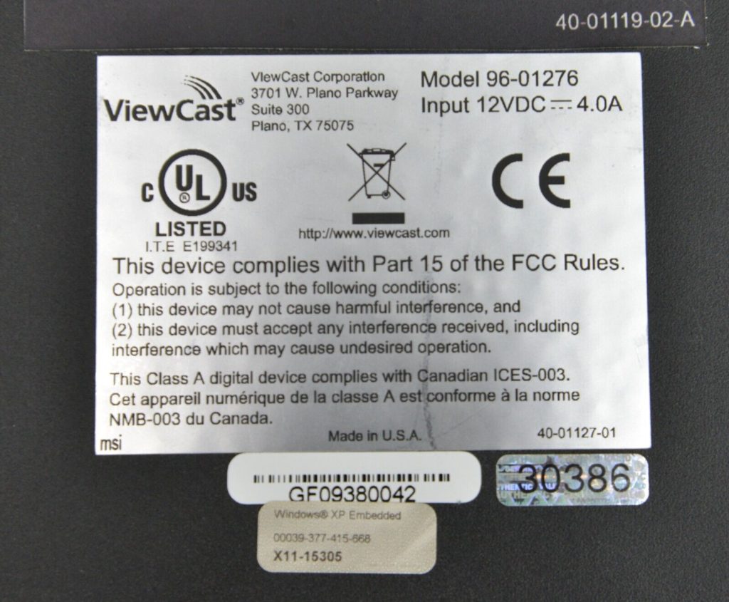 ViewCast Niagara 2120 Streaming Media System 96-01276 w/ Power Supply ...