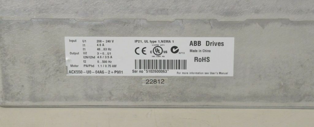 ABB ACX550-U0-04A6-2+P901 HVAC Motor Drive 3.5A .75 kW 208-240V NEMA 1 ...