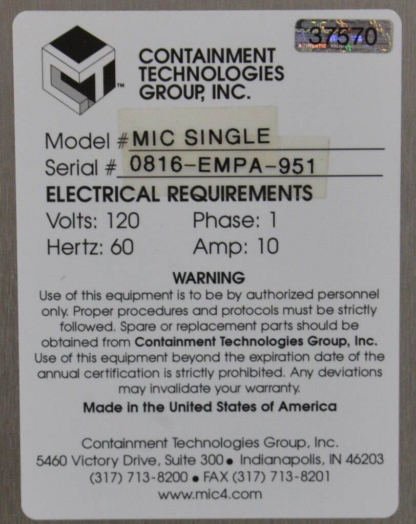 Containment Technologies MIC Single Chamber Pharmacy Compounding ...