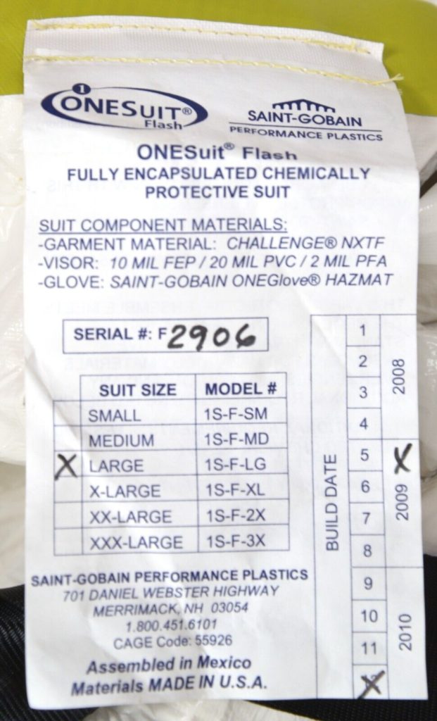 ONESuit Flash NFPA 1991, 2005 Protective Hazmat Suit Large Saint Gobain ...
