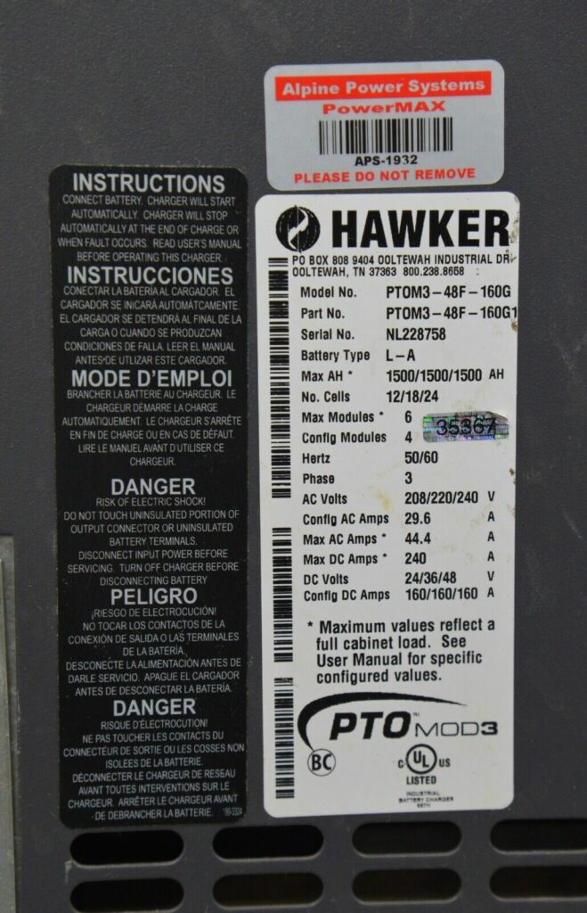 Hawker PTO MOD3 Lift Battery Charger PTOM3-48F-160G 24/36/48 VDC 208/220/240 VAC – Rhino Trade LLC