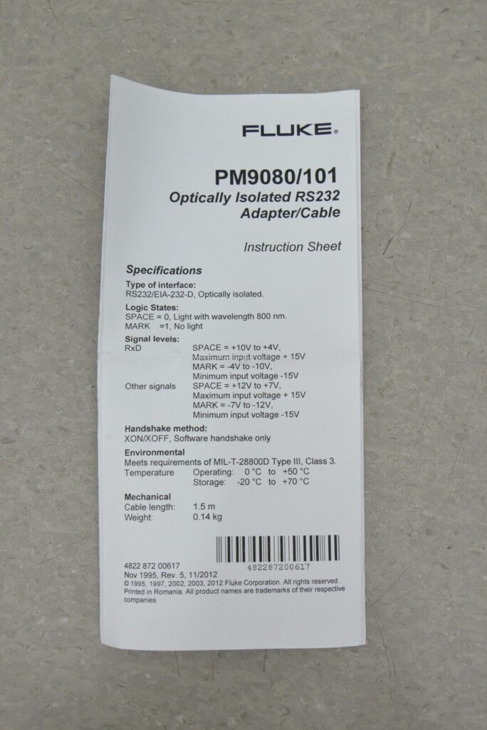 Fluke Optically Isolated RS232 Interface Adapter Cable PM9080/101 ...