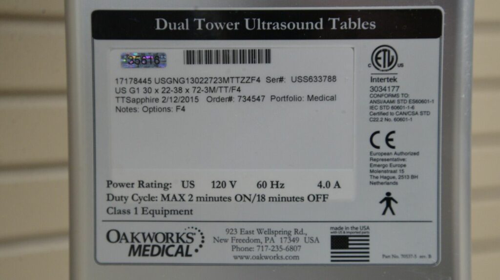 Oakworks Medical Dual Tower General EA Ultrasound Table w/ Hand & Foot ...