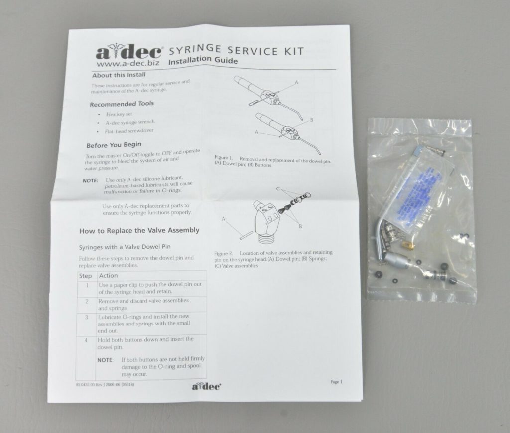 New A-dec Autoclavable Syringe Valve Service Kit 23.1235.01 – Rhino ...